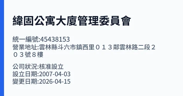 緯固公寓大廈管理委員會的照片-統編 45438153(雲林縣) 公司登記資料與營業項目詳細圖表