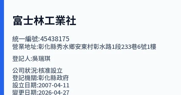 富士林工業社的照片-統編 45438175(彰化縣) 公司登記資料與營業項目詳細圖表