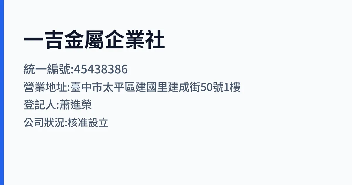 一吉金屬企業社 - 統編 45438386(臺中市) 公司登記資料與營業項目詳細圖表