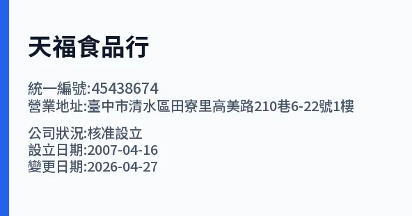 天福食品行的照片-統編 45438674(臺中市) 公司登記資料與營業項目詳細圖表