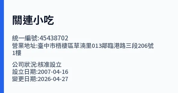 關連小吃的照片-統編 45438702(臺中市) 公司登記資料與營業項目詳細圖表