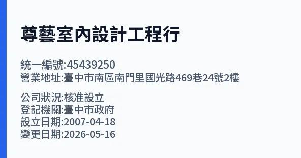 尊藝室內設計工程行的照片-統編 45439250(臺中市) 公司登記資料與營業項目詳細圖表