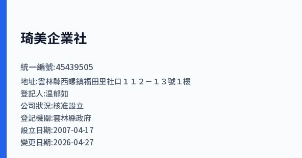 琦美企業社的照片-統編 45439505(雲林縣) 公司登記資料與營業項目詳細圖表