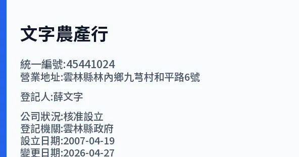 文字農產行的照片-統編 45441024(雲林縣) 公司登記資料與營業項目詳細圖表