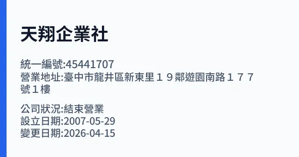 天翔企業社的照片-統編 45441707(臺中市) 公司登記資料與營業項目詳細圖表