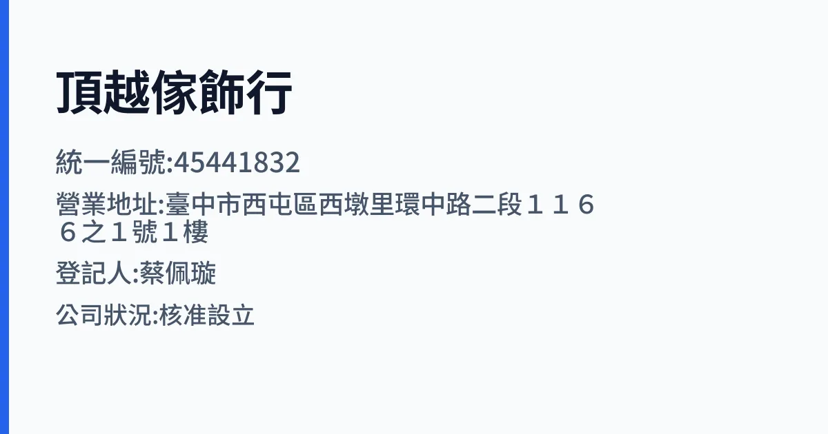 頂越傢飾行 - 統編 45441832(臺中市) 公司登記資料與營業項目詳細圖表