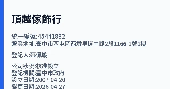 頂越傢飾行的照片-統編 45441832(臺中市) 公司登記資料與營業項目詳細圖表