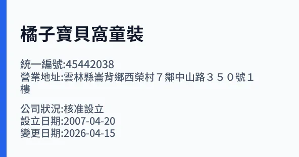 橘子寶貝窩童裝的照片-統編 45442038(雲林縣) 公司登記資料與營業項目詳細圖表
