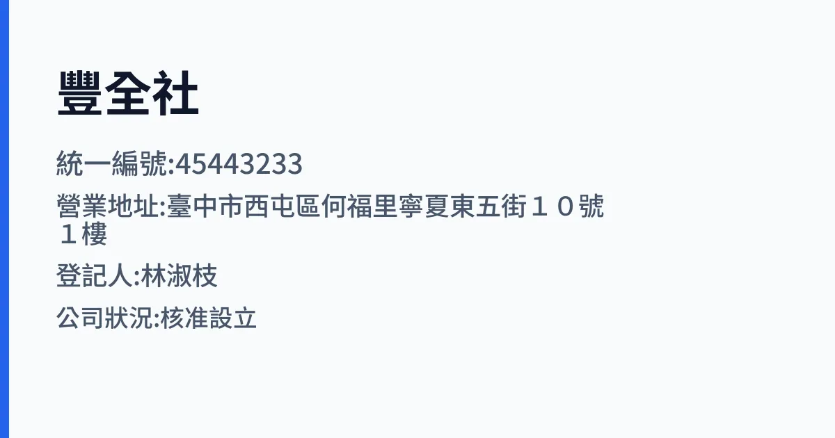 豐全社 - 統編 45443233(臺中市) 公司登記資料與營業項目詳細圖表
