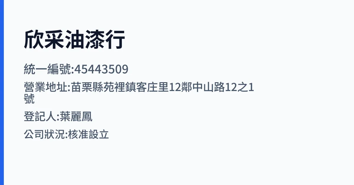 欣采油漆行 - 統編 45443509(苗栗縣) 公司登記資料與營業項目詳細圖表