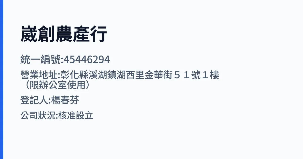 崴創農產行 - 統編 45446294(彰化縣) 公司登記資料與營業項目詳細圖表