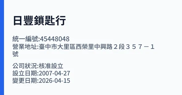 日豐鎖匙行的照片-統編 45448048(臺中市) 公司登記資料與營業項目詳細圖表