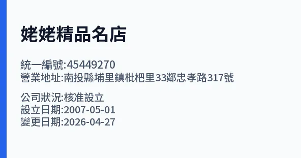 姥姥精品名店的照片-統編 45449270(南投縣) 公司登記資料與營業項目詳細圖表
