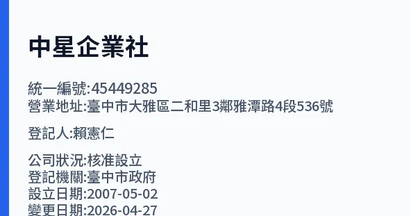 中星企業社的照片-統編 45449285(臺中市) 公司登記資料與營業項目詳細圖表