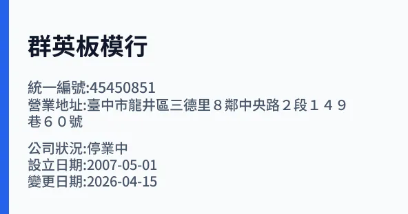 群英板模行的照片-統編 45450851(臺中市) 公司登記資料與營業項目詳細圖表