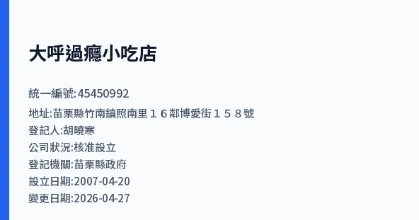 大呼過癮小吃店的照片-統編 45450992(苗栗縣) 公司登記資料與營業項目詳細圖表