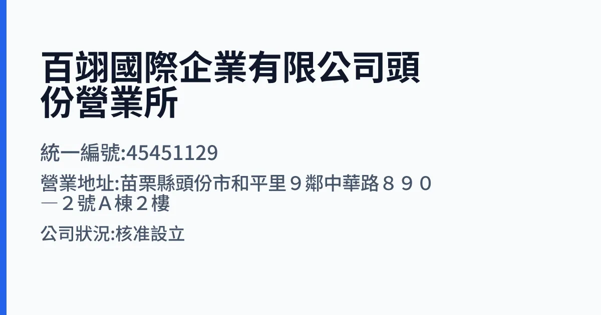 百翊國際企業有限公司頭份營業所 - 統編 45451129(苗栗縣) 公司登記資料與營業項目詳細圖表