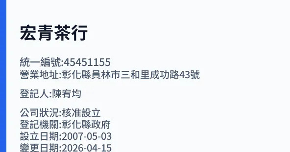 宏青茶行的照片-統編 45451155(彰化縣) 公司登記資料與營業項目詳細圖表