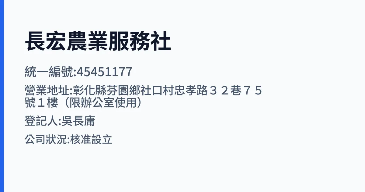 長宏農業服務社 - 統編 45451177(彰化縣) 公司登記資料與營業項目詳細圖表