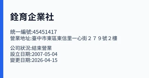 銓育企業社的照片-統編 45451417(臺中市) 公司登記資料與營業項目詳細圖表