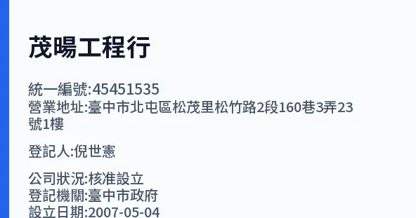 茂暘工程行的照片-統編 45451535(臺中市) 公司登記資料與營業項目詳細圖表