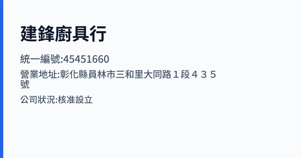 建鋒廚具行 - 統編 45451660(彰化縣) 公司登記資料與營業項目詳細圖表