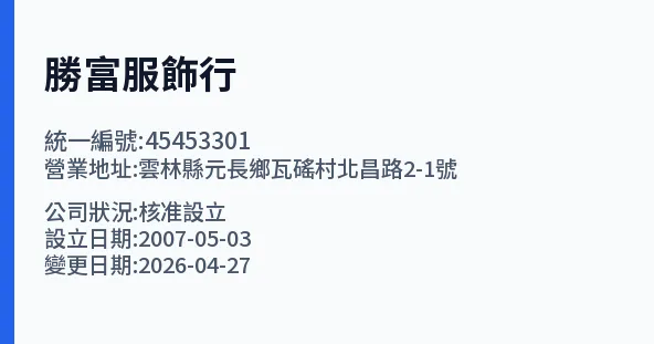 勝富服飾行的照片-統編 45453301(雲林縣) 公司登記資料與營業項目詳細圖表