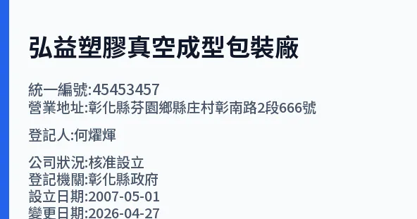 弘益塑膠真空成型包裝廠的照片-統編 45453457(彰化縣) 公司登記資料與營業項目詳細圖表
