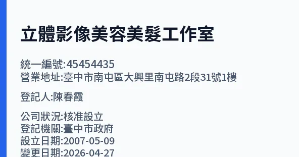 立體影像美容美髮工作室的照片-統編 45454435(臺中市) 公司登記資料與營業項目詳細圖表