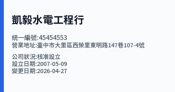 凱毅水電工程行的照片-統編 45454553(臺中市) 公司登記資料與營業項目詳細圖表