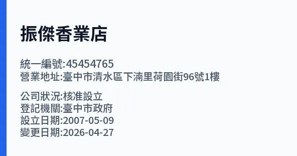 振傑香業店的照片-統編 45454765(臺中市) 公司登記資料與營業項目詳細圖表
