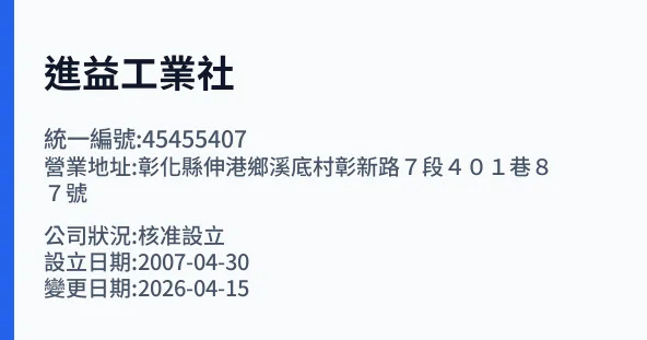 進益工業社的照片-統編 45455407(彰化縣) 公司登記資料與營業項目詳細圖表