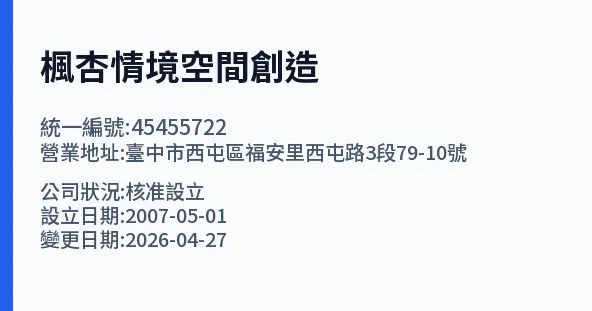 楓杏情境空間創造的照片-統編 45455722(臺中市) 公司登記資料與營業項目詳細圖表