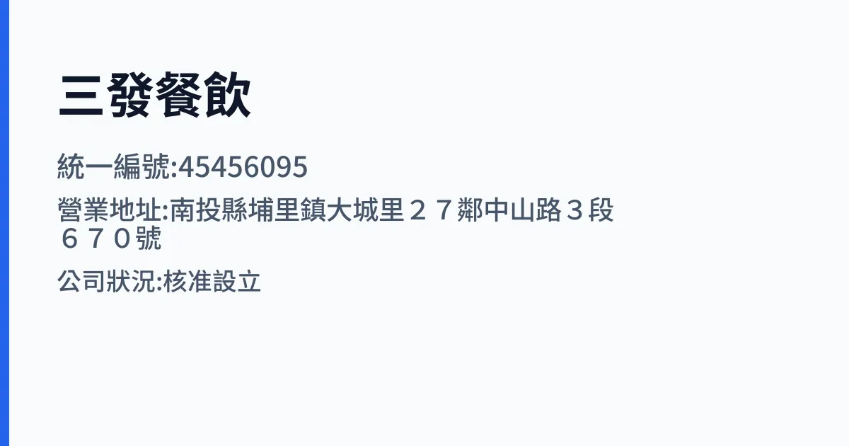 三發餐飲 - 統編 45456095(南投縣) 公司登記資料與營業項目詳細圖表