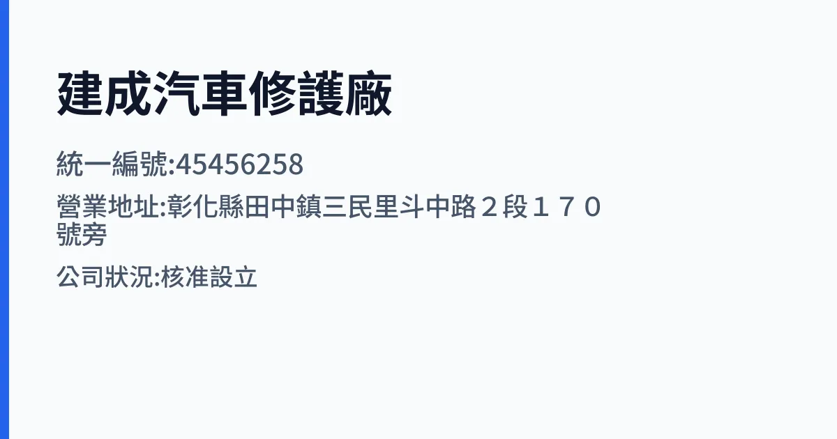 建成汽車修護廠 - 統編 45456258(彰化縣) 公司登記資料與營業項目詳細圖表
