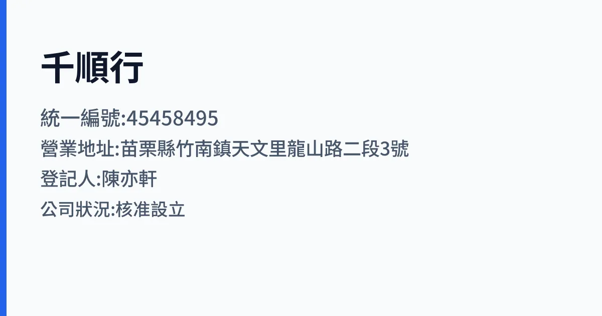 千順行 - 統編 45458495(苗栗縣) 公司登記資料與營業項目詳細圖表