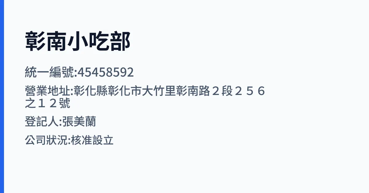 彰南小吃部 - 統編 45458592(彰化縣) 公司登記資料與營業項目詳細圖表
