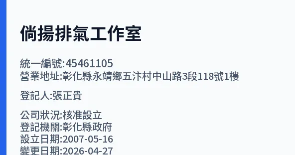 倘揚排氣工作室的照片-統編 45461105(彰化縣) 公司登記資料與營業項目詳細圖表
