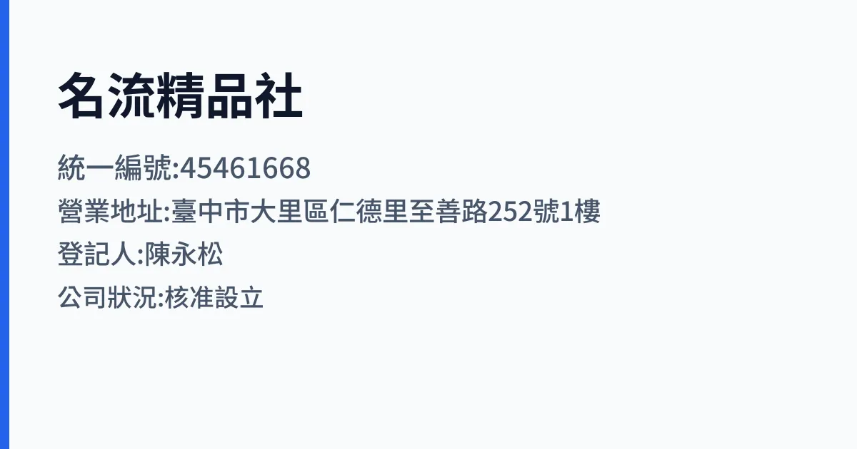 名流精品社 - 統編 45461668（臺中市） 公司登記資料與營業項目詳細圖表