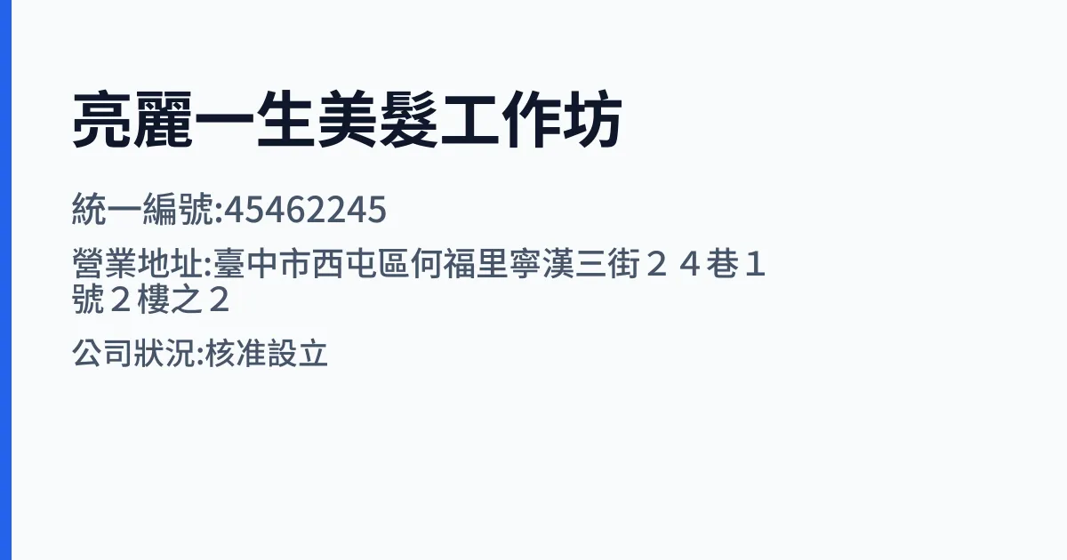 亮麗一生美髮工作坊 - 統編 45462245(臺中市) 公司登記資料與營業項目詳細圖表