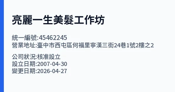 亮麗一生美髮工作坊的照片-統編 45462245(臺中市) 公司登記資料與營業項目詳細圖表