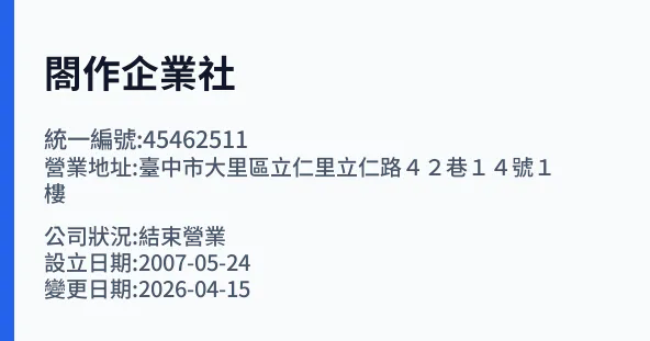閤作企業社的照片-統編 45462511(臺中市) 公司登記資料與營業項目詳細圖表