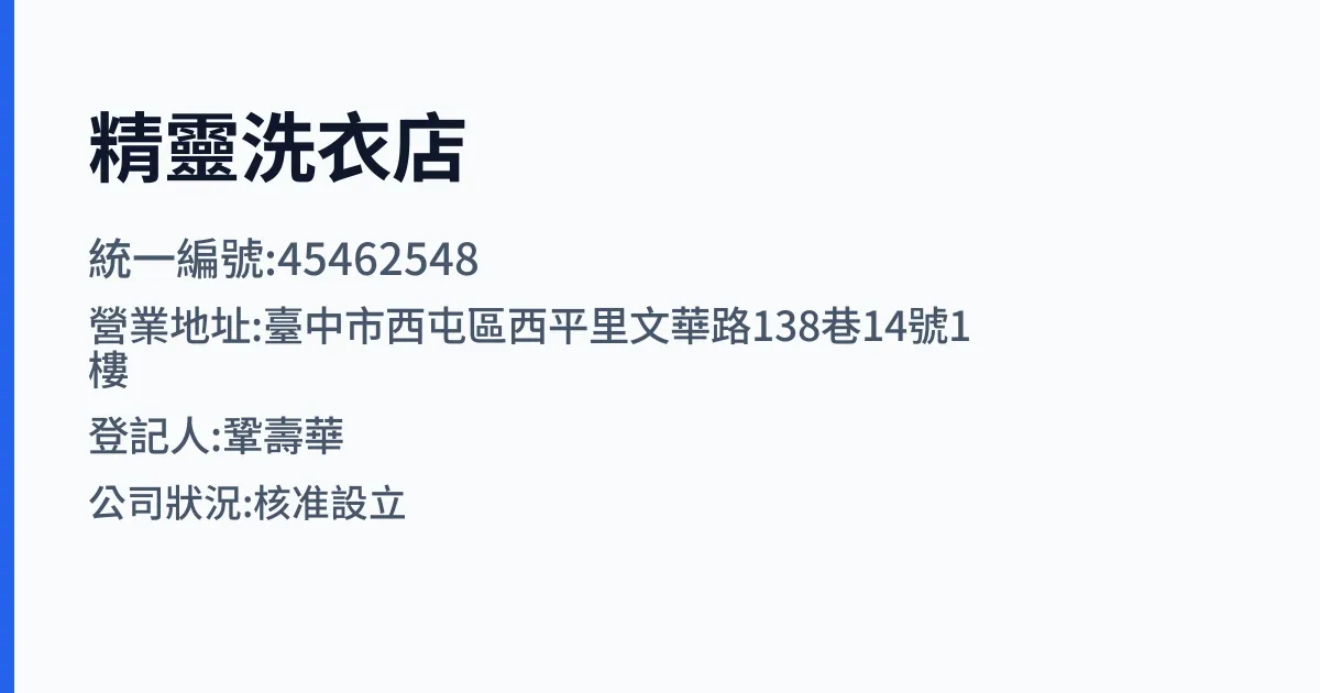 精靈洗衣店 - 統編 45462548（臺中市） 公司登記資料與營業項目詳細圖表
