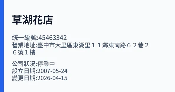 草湖花店的照片-統編 45463342(臺中市) 公司登記資料與營業項目詳細圖表