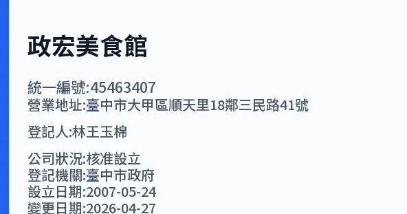 政宏美食館的照片-統編 45463407(臺中市) 公司登記資料與營業項目詳細圖表