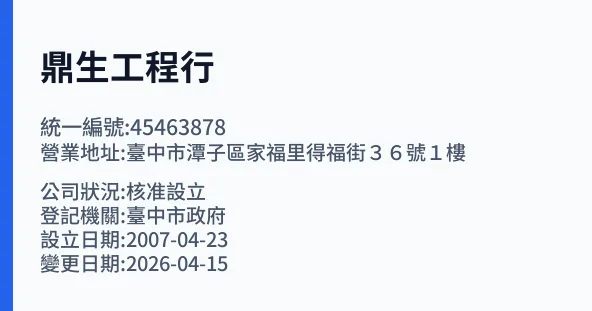 鼎生工程行的照片-統編 45463878(臺中市) 公司登記資料與營業項目詳細圖表