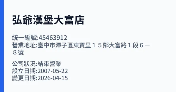 弘爺漢堡大富店的照片-統編 45463912(臺中市) 公司登記資料與營業項目詳細圖表