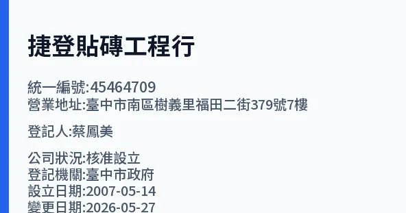 捷登貼磚工程行的照片-統編 45464709(臺中市) 公司登記資料與營業項目詳細圖表