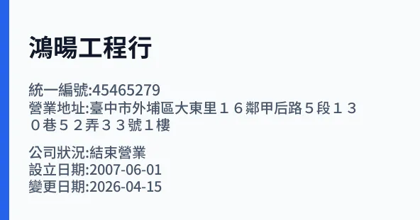 鴻暘工程行的照片-統編 45465279(臺中市) 公司登記資料與營業項目詳細圖表