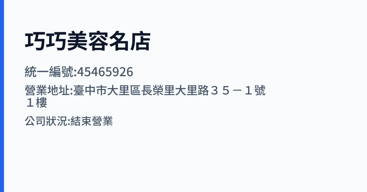巧巧美容名店 - 統編 45465926(臺中市) 公司登記資料與營業項目詳細圖表